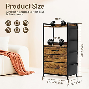 LASZOLA Nightstand with 3 Fabric Drawers and Side Pockets, Vertical Bedside Table with Wood Shelf, End Table Bed Side Dresser Furniture for Bedroom Living Room Entryway College Dorm, Rustic Brown, 1