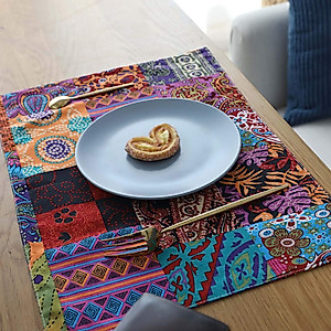 MULHUE Set of 4 Cotton Linen Woven Placemat, Boho Bohemian Ornament Geometric Patch Printed Washable Dining Table Mats,12.5 in x 17.7 in
