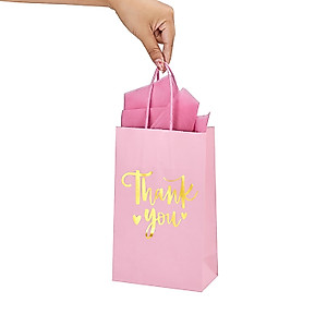 DjinnGlory 50 Pack Small Pink & Gold Foil Thank You Paper Gift Bags with Handles 9''x5.5''x3.15'' and 50 Tissue Paper for Mother's Day Wedding Bridal Baby Shower Birthday Princess Party Supplies