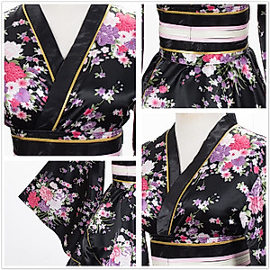 Japanese Anime Women's Dance Kimono Robe Fancy Dress Yukata Silk Folding Fans Tabi Hairstick Socks Set Black Large