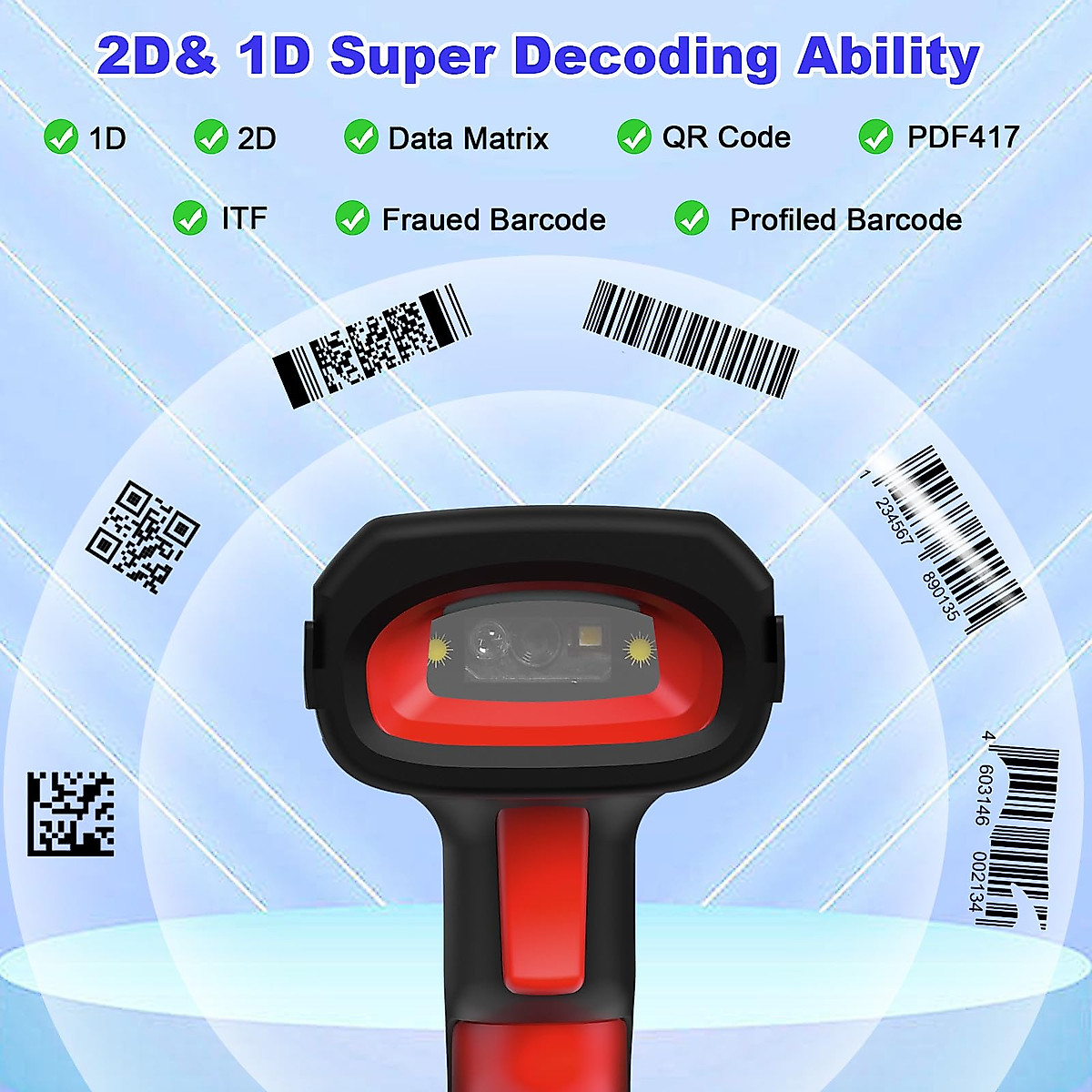 Industrial 2D Bluetooth Barcode Scanner with Charging Base,Bluetooth & 433MHz Wireless 2-in-1 1968ft Transmission Distance,Auto-scanning Available,Support on DPM Code