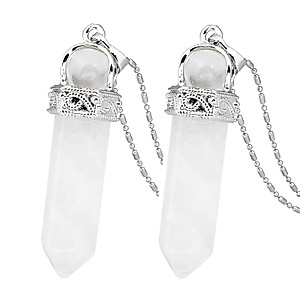 TUMBEELLUWA Crystal Point Necklace Hexagonal Prism Stone Pendant with Chain Healing Jewelry Pack of 2,Rock Quartz