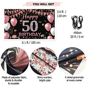 50th Birthday Decorations Backdrop Banner for Women, Happy 50th Birthday Decorations Women, Rose Gold 50 Years Old Birthday Photo Props, Fifty Birthday Party Poster Backdrop Fabric 6.1ft x 3.6ft PHXEY