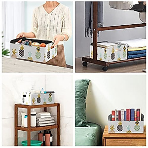 Fabric Storage Cube (Geometric Gold Pineapple) 13.7 × 10.2 × 5.1 inch, Large Capacity Decorative Foldable Storage Basket Organizer with Handles Rectangle Thick for Multi Use