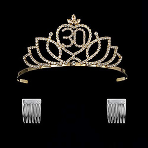 YZHSTONE Women 30th Birthday Queen Tiaras Crown Gold Metal Rhinestone Crystal Birthday Tiaras Crowns