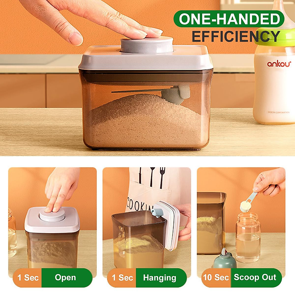 Formula Container, 1700Ml/730g Airtight Formula Dispenser, One Button Handy Pop Up Food Containers Milk Powder Container, BPA-Free Food Storage Containers with Lids, Scoop and Scraper, Dark Brown