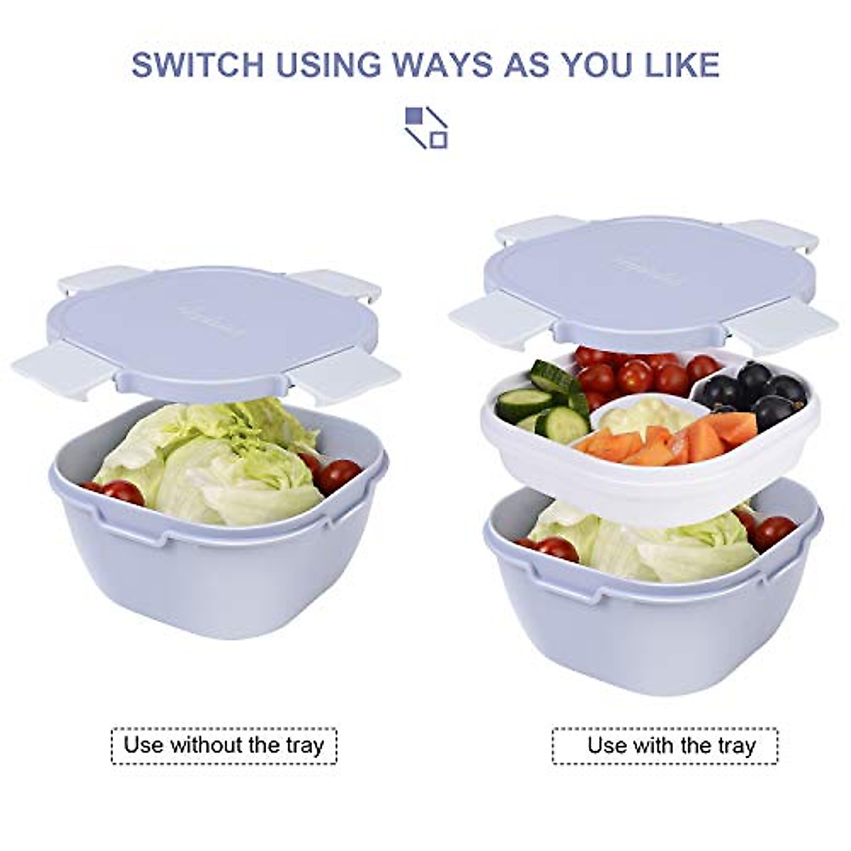 Upgraded Salad Bowl with Lid Leak-proof 57.5oz Stackable Salad Lunch Box with Larger Capacity Salad Mixing Bowl and 3-Compartment Bento-Style Topping Tray, Sauce Box,Cutlery, BPA FREE(powder blue)