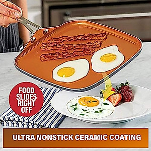 Gotham Steel Nonstick Griddle Pan for Stove Top – 10.5 Inch Ceramic Flat Pan, Square Pan For Cooking Eggs Pancakes And More, Square Frying Pan, Stay Cool Handle, Oven / Dishwasher Safe, Non Toxic