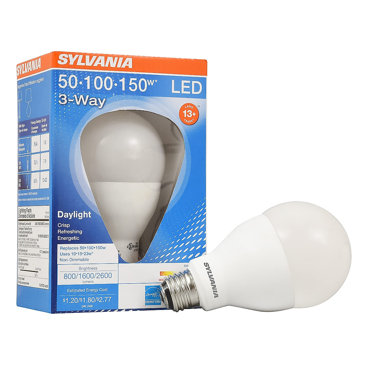 SYLVANIA A21 LED Light Bulb, 3 Way, 50W/ 100W/ 150W, 13 Year, Non-Dimmable, Up to 2600 Lumens, 5000K, Daylight - 1 Pack (79770)