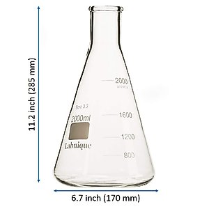 Labnique Borosilicate 3.3 Glass Conical Flask, Erlenmeyer Flask with Narrow Mouth, Graduated, Double Boxed, 2000ml (Pack of 2)