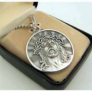 CB Silver Toned Base Thorn Crown ECCE Homo Sorrowful Jesus Christ Head Medal, 1 1/8 Inch