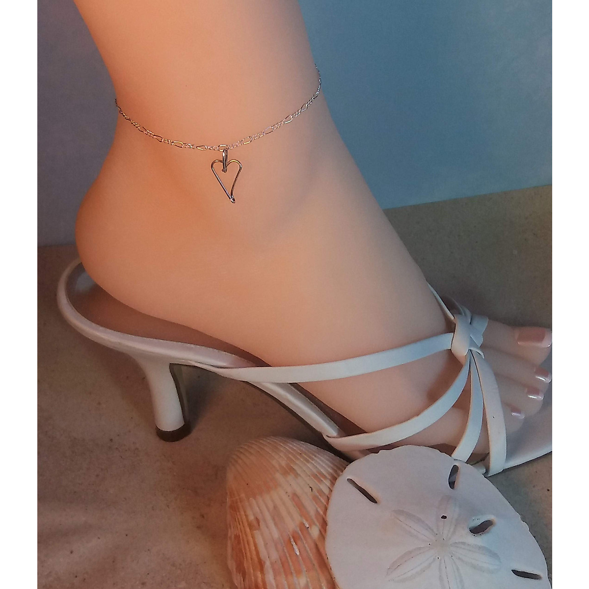 Sterling Silver plated Anklet Ankle Bracelet Heart charm 8 inch, 9 inch, 10 inch, 11 inch, 12 inch, 13 inch 2 mm Figaro chain