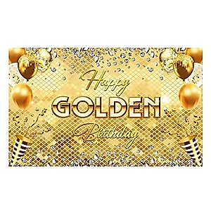 Funnytree 70.8" x 43.3" Happy Golden Birthday Backdrop Gold Shiny Glitter Diamonds Balloons Background Bday Girls Luxury Party Supplies Banner Cake Table Decor Photobooth Props Gifts Fabric