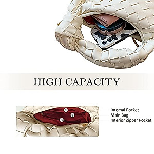 JYG Knoted Woven Handbag for Women Fashion Designer Ladies Hobo Bag Bucket Purse Faux Leather (White)