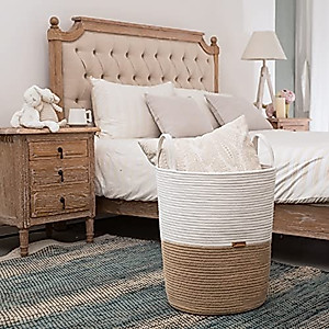 R RUNKA Extra Large Woven basket -16"x 20" Laundry Basket with Handle -Clothes Hamper, Laundry Hamper for Bedroom Living Room，Nursery Decor| Wicker Storage Basket - Off White & Jute