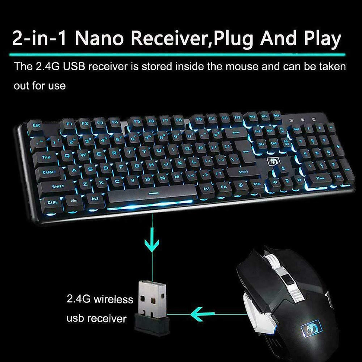 Soke-Six Wireless Rechargeable Backlit Keyboard and Mouse Combo, 2.4G Full-Size Mechanical Feel Gaming Keyboards with USB 2400DPl Mice,Adjustable Breathing Lamp,Anti-Ghosting (Black& Blue Light)
