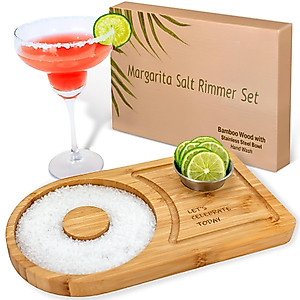 Margarita Salt Rimmer Set for up to 6" Rims - Bamboo 'Let's Celebrate Today' Wood Margarita Rimmer Set w/Bowl & Room for Margarita Accessories- Margarita Sugar Rimmer for Cocktails