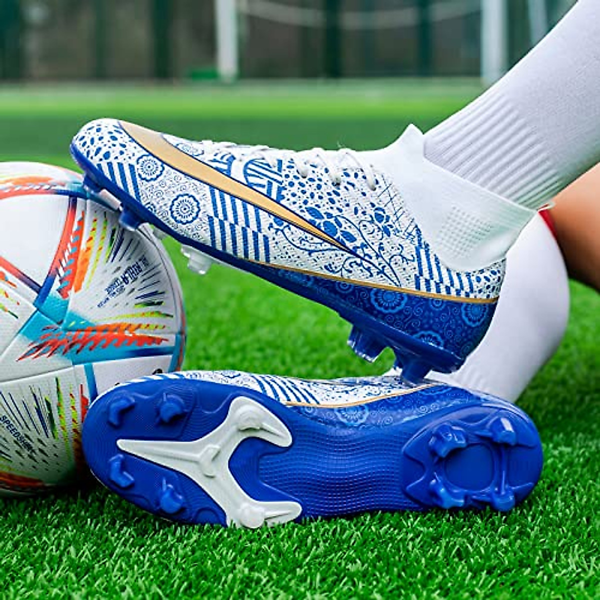 Kids Soccer Shoes Firm Ground Youth Soccer Cleats Boys Spike FG High-Top Football Boots for Outdoor Training White Blue