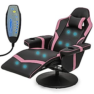 MoNiBloom Massage Gaming Recliner Chair with 2 Speakers Ergonomic Game Chair Neck Support and Widened Armrests with Built-in Cup Holders, Tilt & Swivel Comfortable Gaming Chair with Storage Bag, Pink