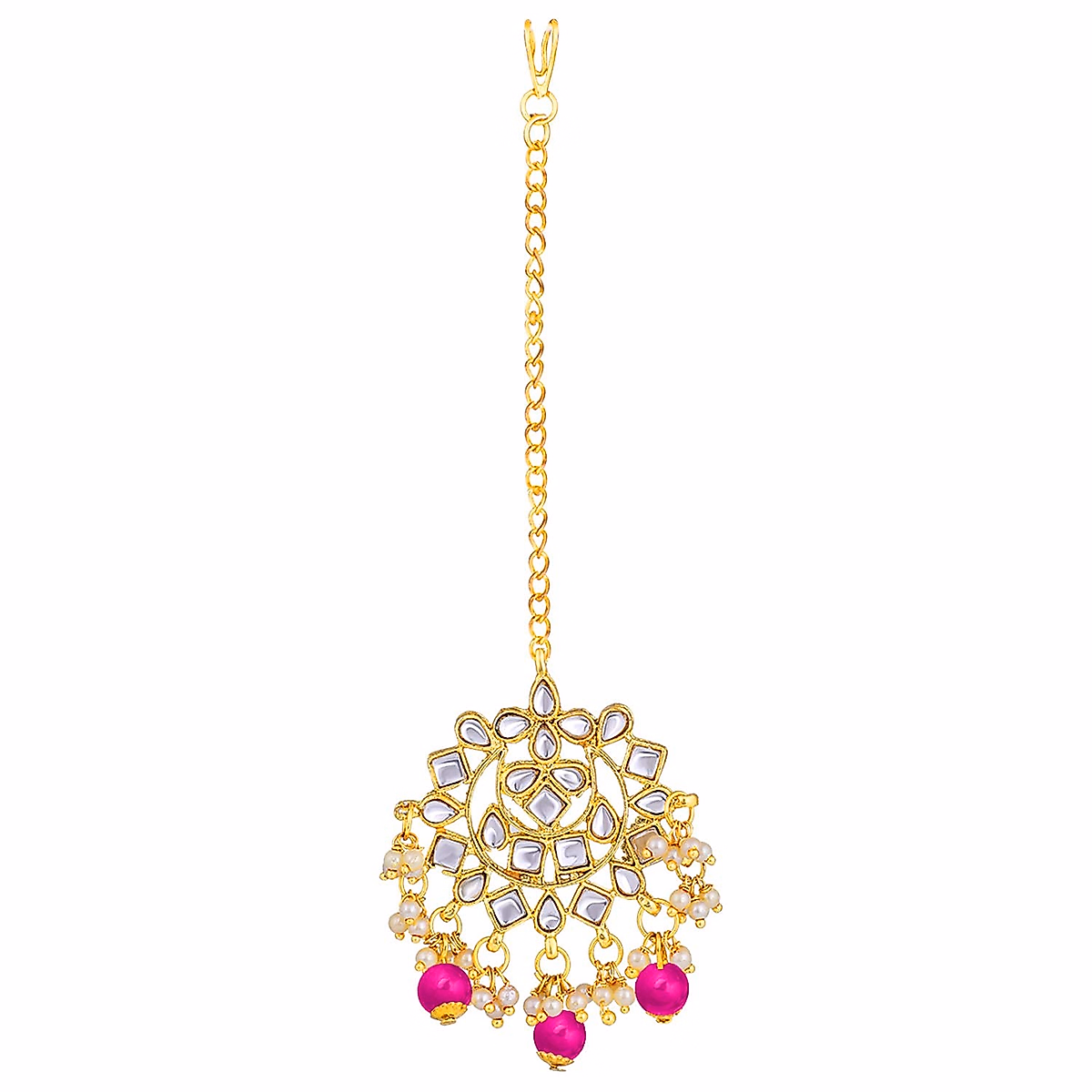 Aheli Elegant Indian Faux Kundan Studded Choker Necklace with Maang Tikka Set Ethnic Wedding Wear Fashion Jewelry for Women (Rani Pink)