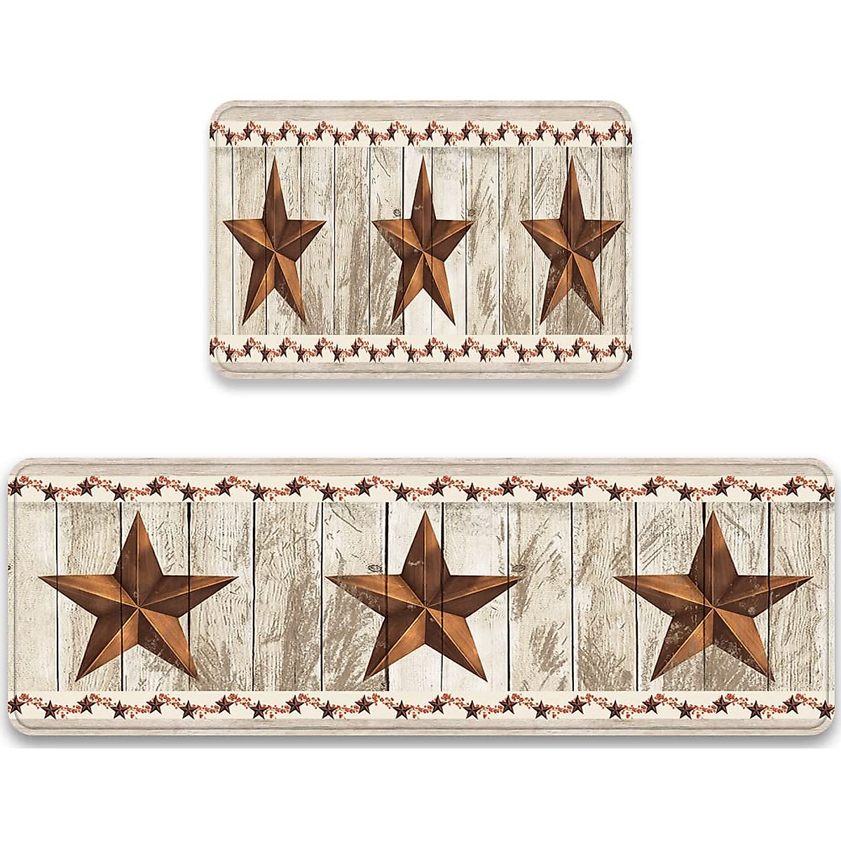 Rustic Kitchen Rugs Sets 2 Piece Floor Mats Western Texas Star and Primitive Berries on Country Wooden Plank Doormat Farm Wooden Area Runner Bath Rug Non Slip Chef Mat Farmhouse Carpet Set for Bedroom