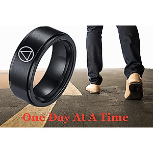 Inspirational One Day At A Time Sobriety Gifts for Women Men Stainless Steel Sober Recovery Anxiety Spinner Bands Ring Necklace Chain Alcoholics Addiction Recovering Jewelry Gift,Black, #10