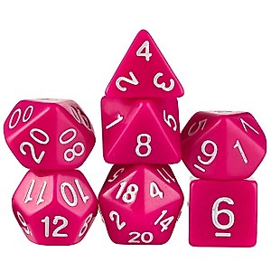 Wiz Dice Dragonberry Set of 7 Polyhedral Dice, Solid Neon Magenta Pink Tabletop RPG Dice with Clear Display Box