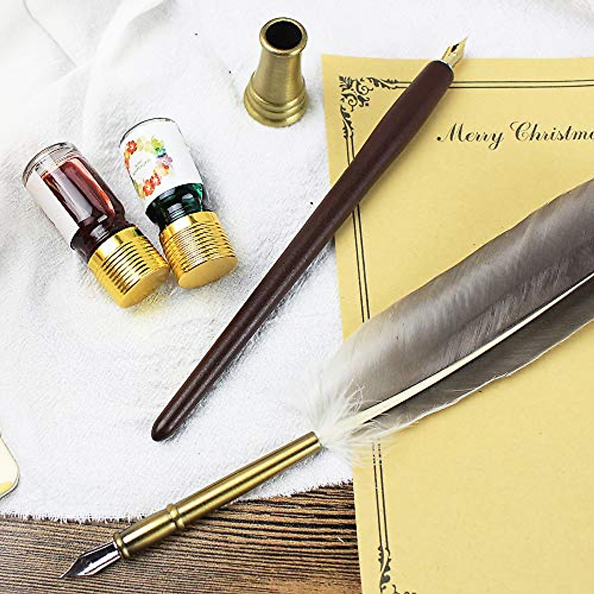 FEATTY GIFTS Calligraphy Pen Set,12-Piece Kit, 5 Nib & 5 Ink Set,Writing Quill Pen,Anitque Dip Feather Pen Set (wood+feather)