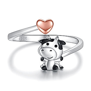 925 Sterling Silver Cow Cat Dinosaur Frog Butterfly Ring Adjustable Cute Cow Print Kitty Animal Lover Jewelry Gifts for Women Birthday (Cow)