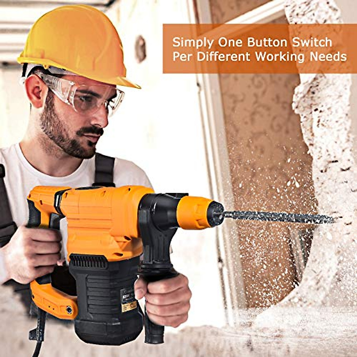 1-1/4 Inch SDS-Plus 12.5 Amp Heavy Duty Rotary Hammer Drill 4 Functions W/Vibration Control Safety Clutch Includes Drill Chuck& Key, Grease, Flat& Point Chisels, 5 Drill Bits, Gloves, Carrying Case