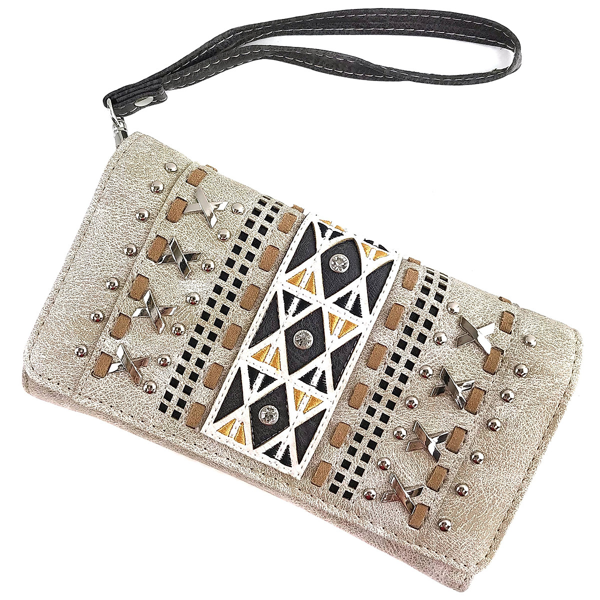 Justin West Checker Embroidery Suede Fringe Western Stud Conceal Carry Shoulder Handbag Purse | Trifold Wallet (Brown Handbag Only)