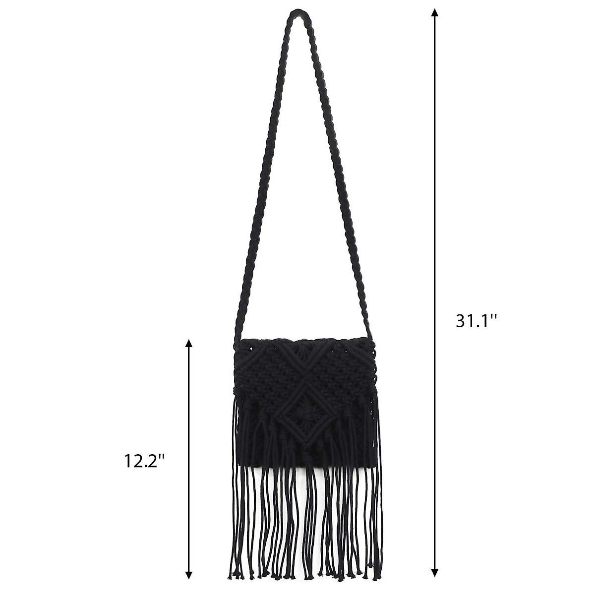 QTKJ Women's Crochet Square Crossbody Bag Hand-Woven Boho Tassels Summer Beach Cotton Messenger Shoulder Bag with Zipper (Black)