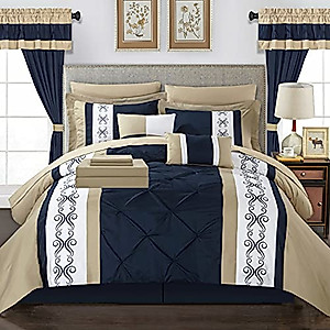 Chic Home Icaria 20 Piece Comforter Set Color Block Pinch Pleat Pintuck Design Bag Bedding, Queen, Navy