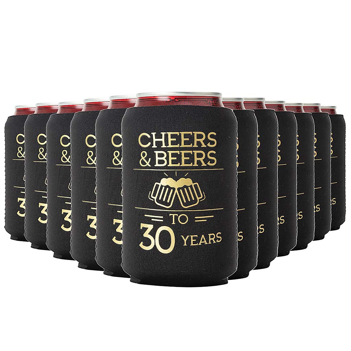 Cheers and Beers to 30 Years Can Coolers, 30th Birthday Party Coolies, Set of 12, Black and Gold Can Coolers, Perfect for Birthday Parties, Birthday Decorations…
