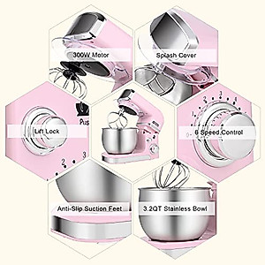 Kitchen in the box Stand Mixer,3.2Qt Small Electric Food Mixer,6 Speeds Portable Lightweight Kitchen Mixer for Daily Use with Egg Whisk,Dough Hook,Flat Beater (Pink)