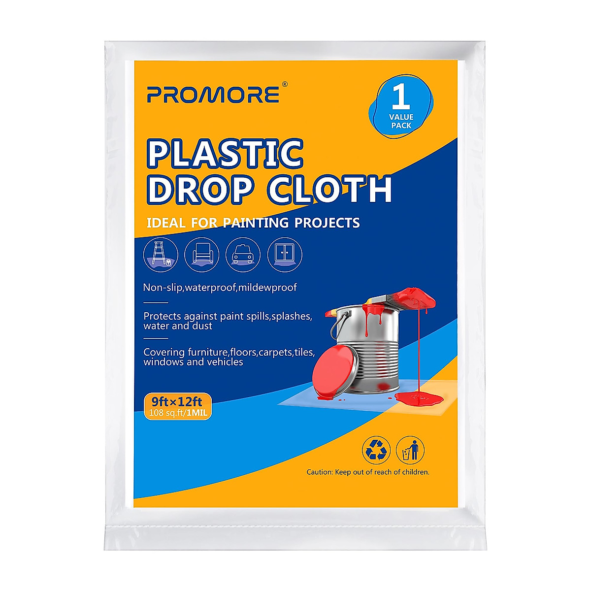PROMORE 9x12 Ft 1-Mil Clear Plastic Drop Cloth - Thickened Painter's Sheet for Painting, Furniture, Walls, and Floor Protection (108 Sq Ft)
