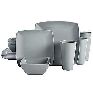 Gibson Home Soho Grayson Square Melamine Dinnerware Set, Service for Four (16pcs), Grey