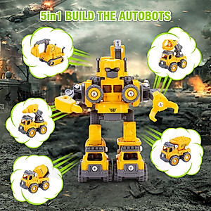 Powerextra STEM Toys for 5 6 7 8 9 Years Old Boys, Take Apart Robot Toys Trucks Set with [Robot Sounds & Flashing Lights]- 5 in 1 Construction Toys for Kids at Age 8-12