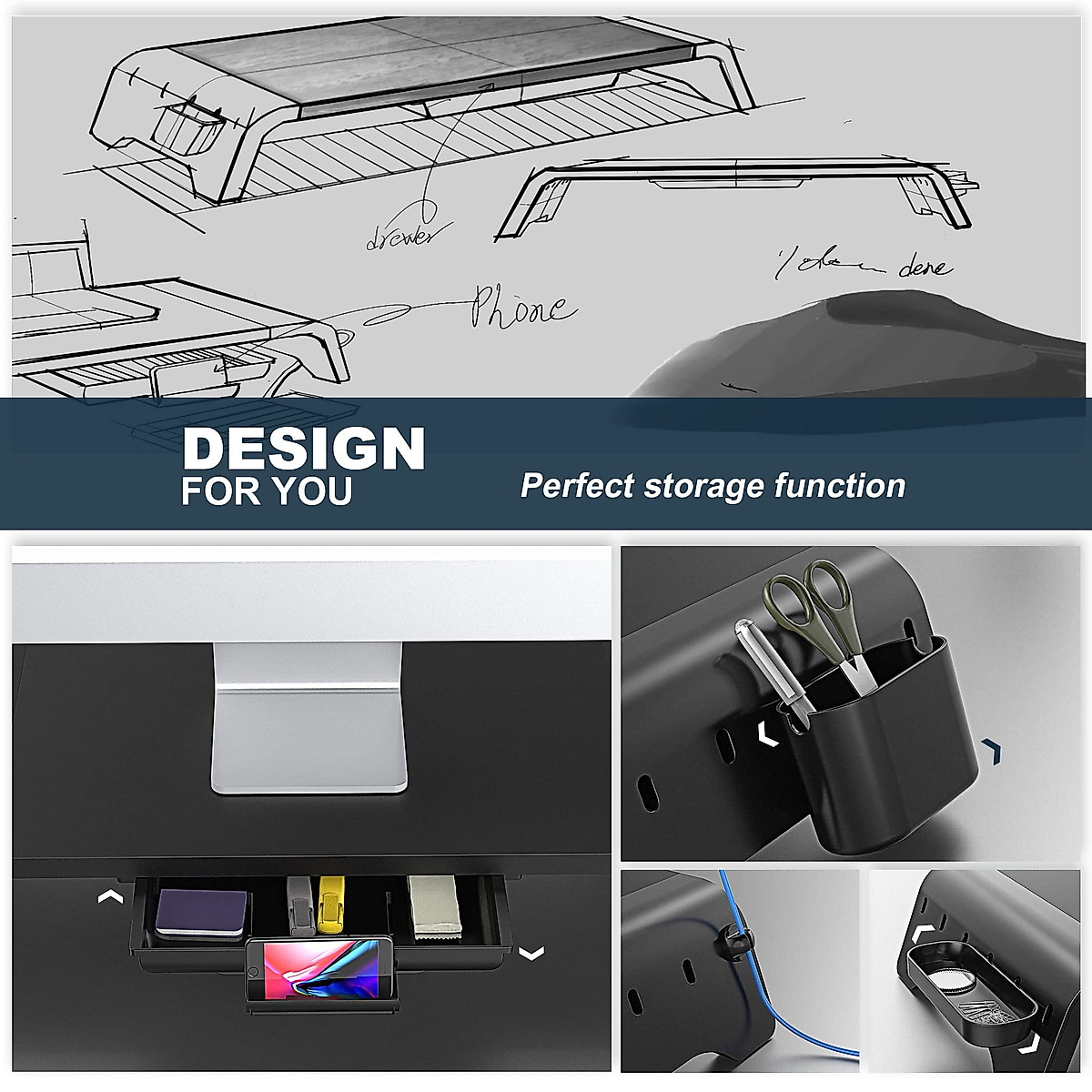 Fenge Dual Monitor Stand, Adjustable Length and Angle, Organizer with Removable Slot Drawer Tablet Phone Holder, Computer Monitor Riser for 2 Monitors, Black, G04C1122B
