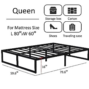 Lutown-Teen 16 Inch Bed Frame Queen Size Heavy Duty Steel Slat Support Metal Platform Queen Bed Frame No Box Spring Needed, Easy Assembly, Black