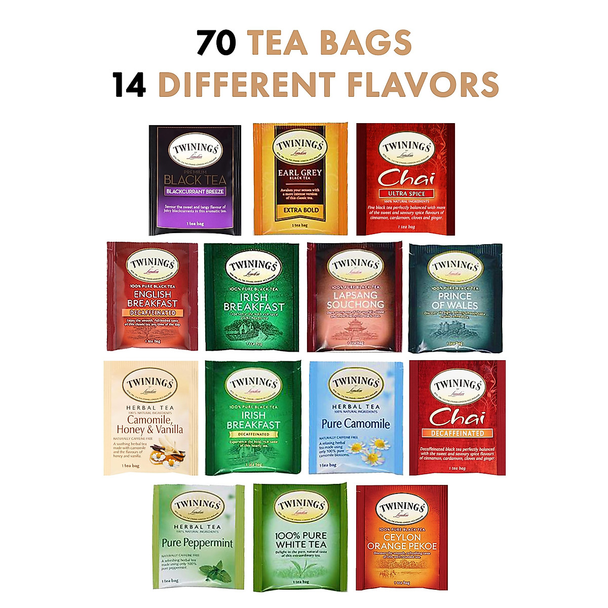 Eva's Gift Universe, Twinings Tea Bags Sampler Assortment in Bamboo Gift Box (70 Count) 14 Flavors Gifts for Women Men Parents Family Friends Coworkers Perfect Variety Pack Tea Bag Organizer