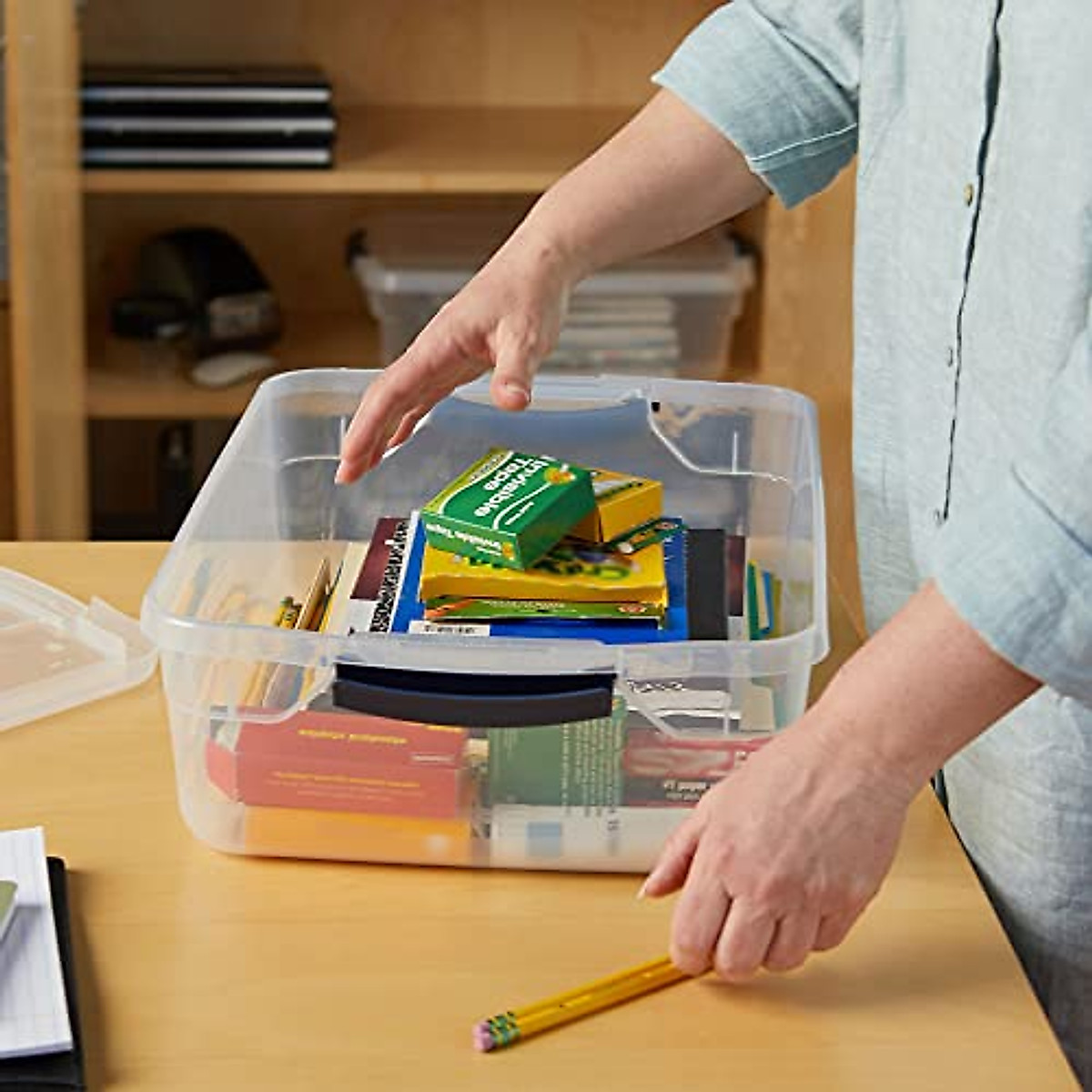 Rubbermaid Cleverstore Home Office Organization 16 Quart Latching Stackable Plastic Storage Tote Container with Lid, Clear (12 Pack)