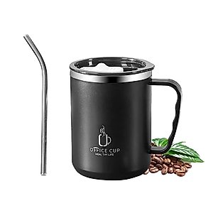 Lcxecnw Coffee Cup Mug with Handle,16 oz Stainless Steel Mugs,Double Wall Vacuum Travel Mug,Tumbler Mugs with Straw and Sliding Lid,Hot & Cold Drinks for Home Office (Black)