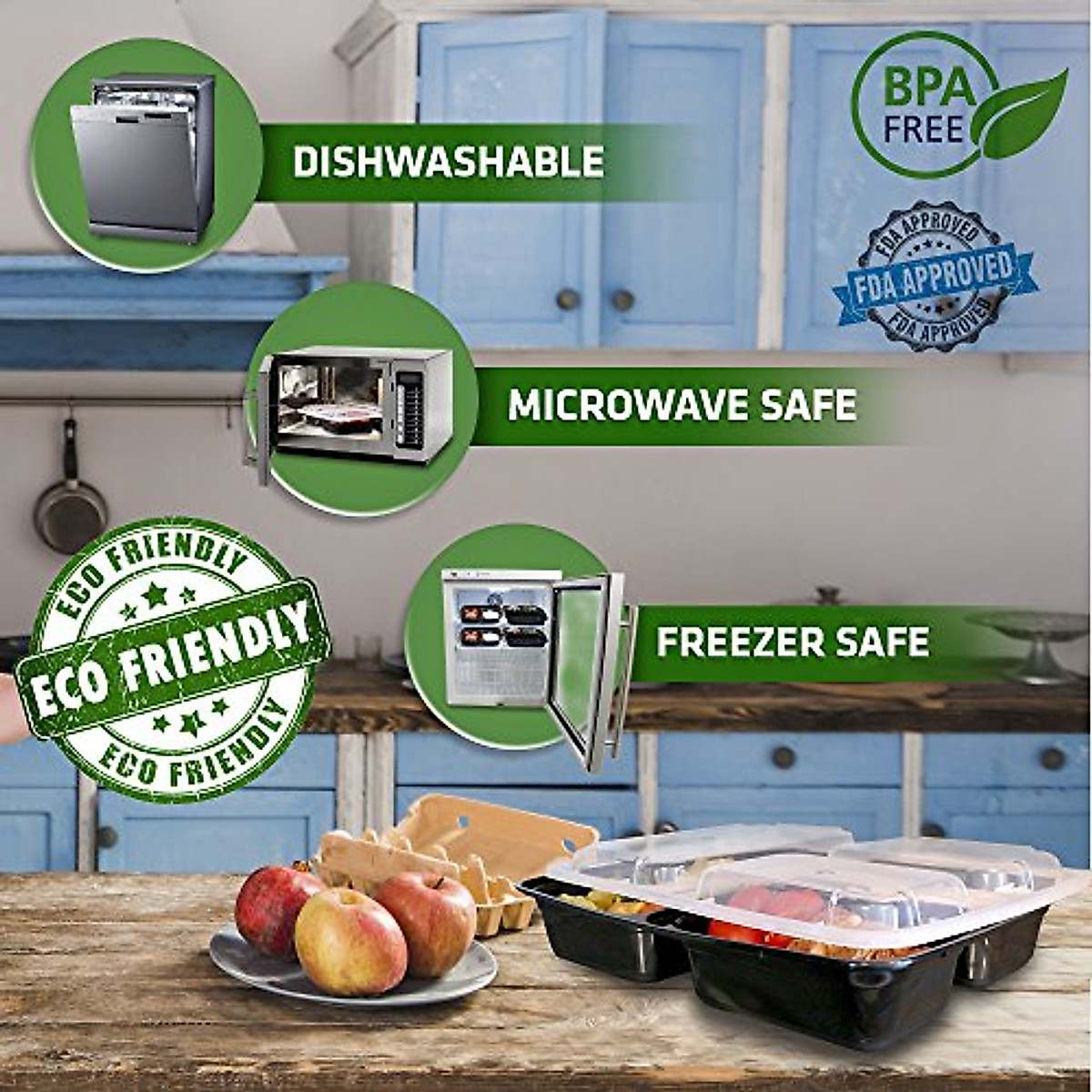 Prep Container Chef [15 Pack] 3 Compartment Bento Lunch Box. Reusable 32oz Food Storage portion Control Meal Prep Containers, Stackable, Microwave/Dishwasher/Freezer Safe. Weight Loss & Keto Diet.