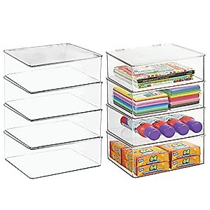mDesign Plastic Craft Room Stackable Storage Organizer Box Containers with Hinged Lid for Thread, Beads, Ribbon, Glitter, Clay, Sewing, Crochet, Stamps, Scissors, Ligne Collection - 8 Pack - Clear