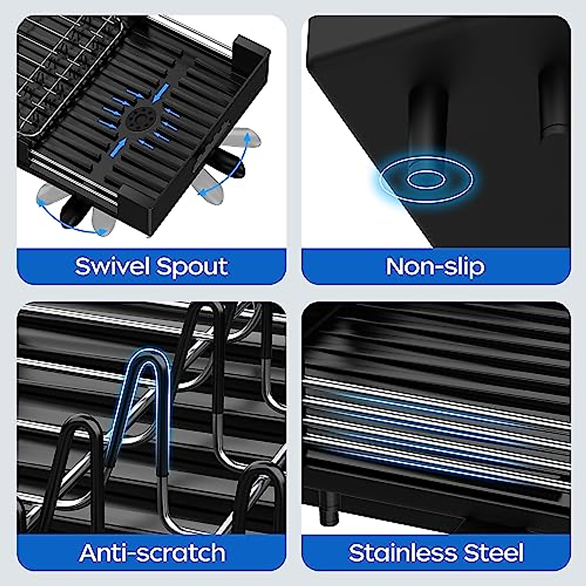 ROTTOGOON Expandable Dish Drying Rack, Stainless Steel Rustproof Dish Rack for Kitchen Counter, (12.8"-19.1") Dish Drainer with Drainage, Utensil Holder, Cup Holder for Various Kitchenware, Black