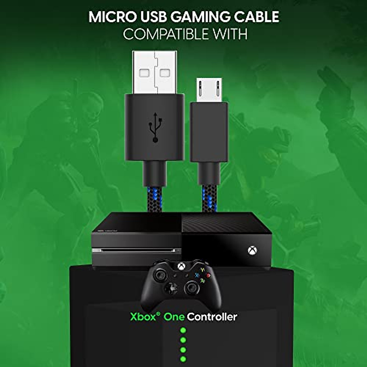 TALK WORKS Charging Cable Compatible with Xbox One Controller - 6-Foot Long Fast Charger Cord Micro USB for X-Box 1 - Heavy-Duty, Braided Black-Blue (3 Pack)