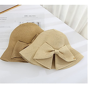 Womens Wide Brim Slit Sun Hat Bow Knot Summer Straw Sun Hats for Women (Beige)
