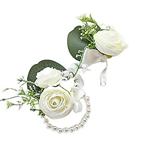 Floroom Ivory Ranunculus Peony Wrist Corsage Wristlet Band Bracelet and Men Boutonniere Set for White Wedding Flower Accessories Prom Suit Decorations