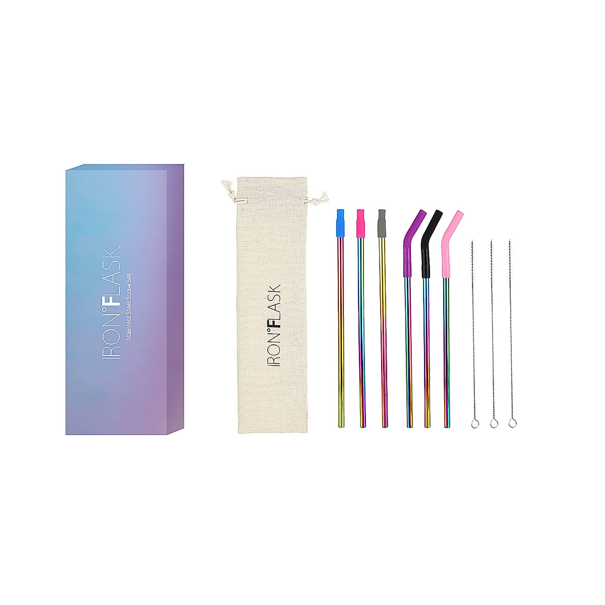 IRON °FLASK Reusable Straws - 6 Stainless Steel or Plastic Straw w/Bendy Silicone Tips, 3 Cleaning Brushes & Travel Case - Drinking Straw for Water Bottles,Tumblers & Thermos - Dishwasher Safe